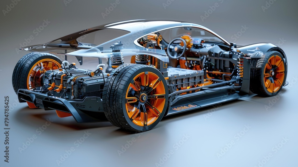 Advanced EV powertrain cutaway illustration, detailing electric motors ...