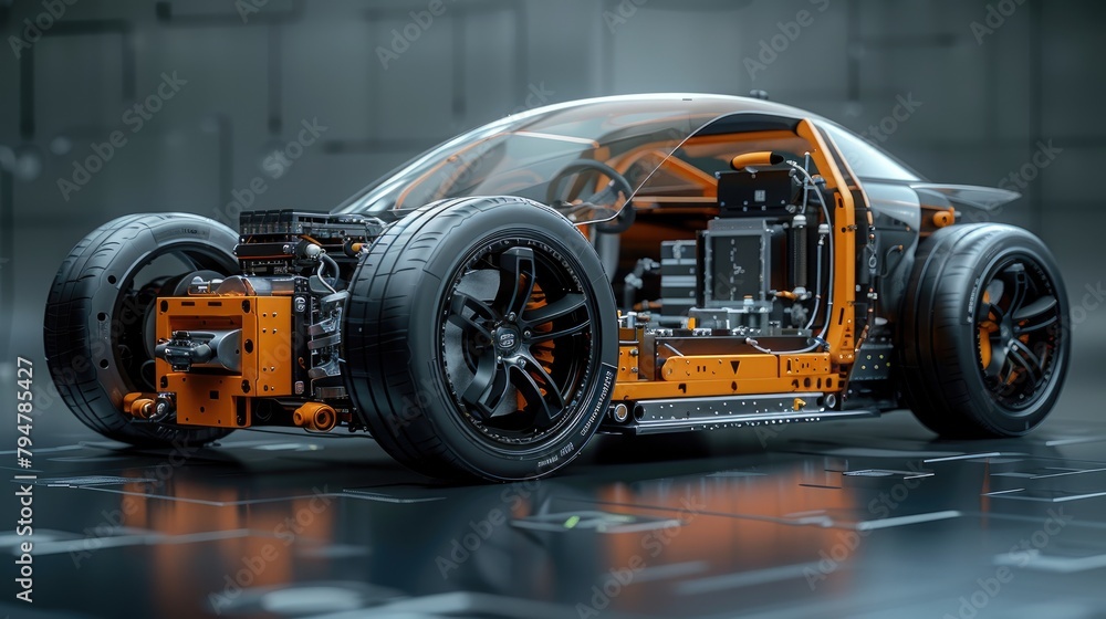 Advanced EV powertrain cutaway illustration, detailing electric motors ...