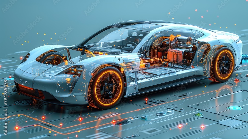 Advanced EV powertrain cutaway illustration, detailing electric motors ...