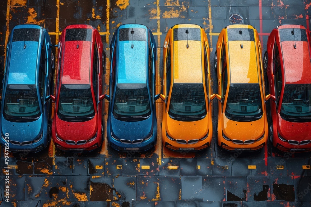 Aerial view of an electric car-sharing service hub, with a variety of ...