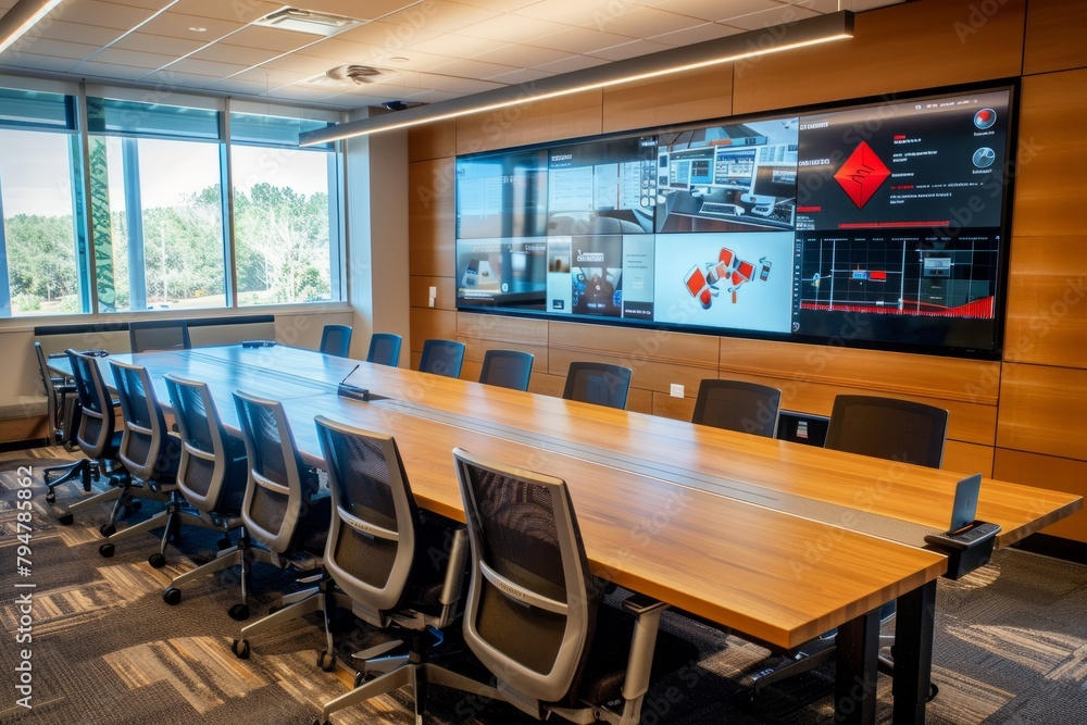 A state-of-the-art conference room with a large screen on the wall ...