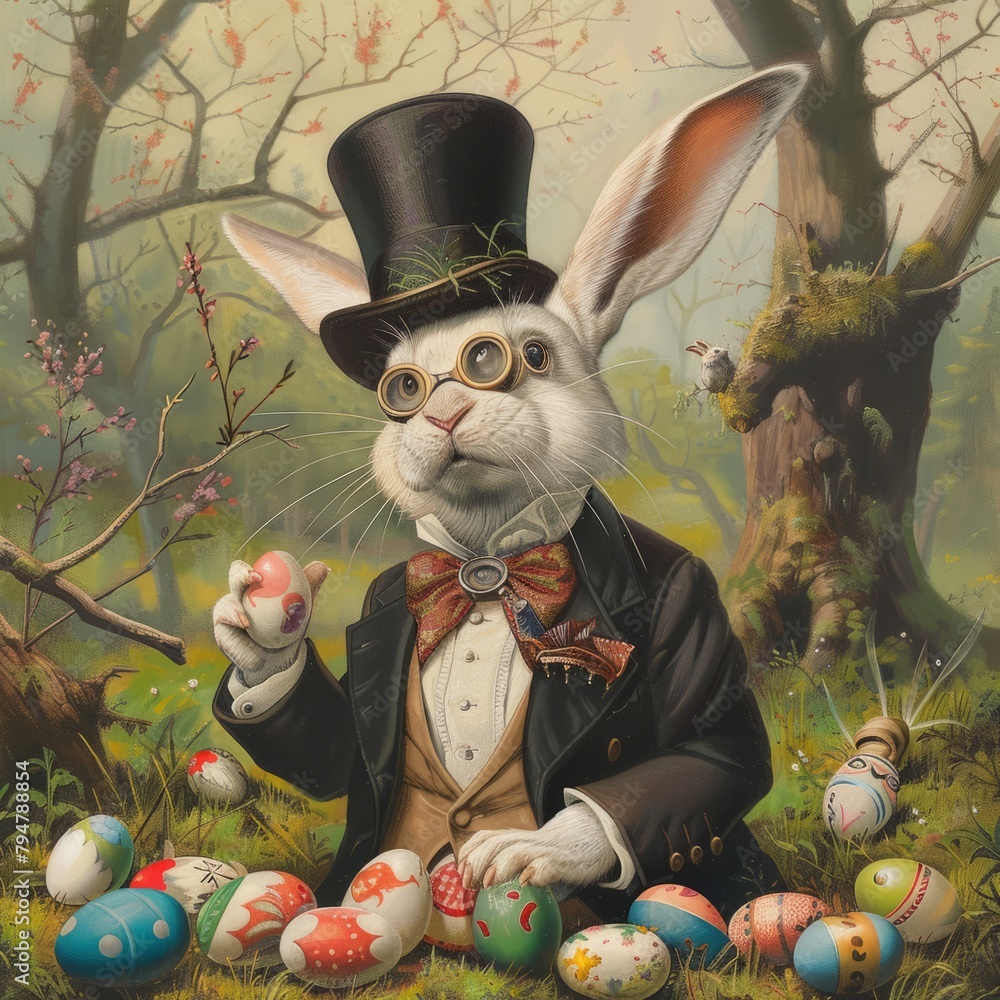 A comedic scene of a cunning Easter bunny with a top hat and monocle ...