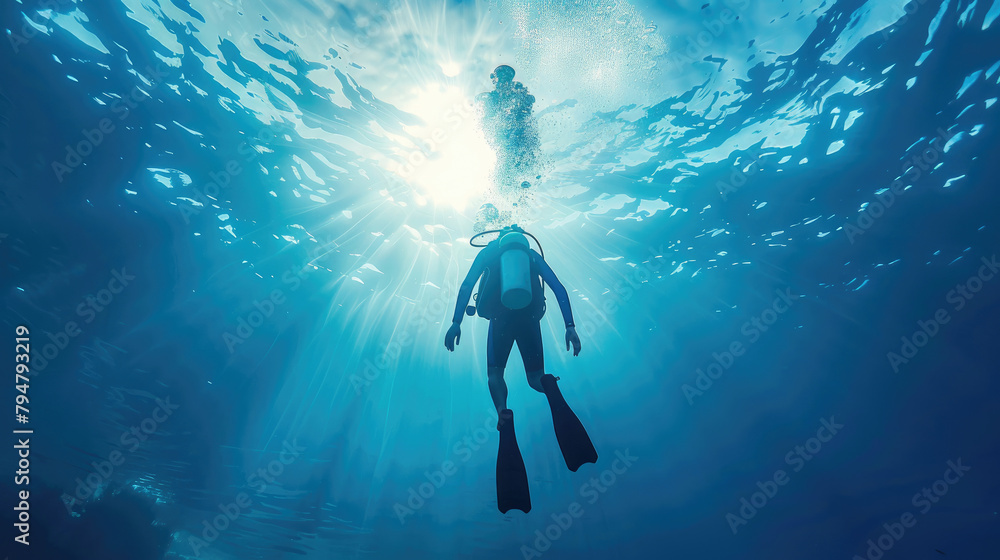 back view of a diver man diving underwater with a scuba tank and the ...