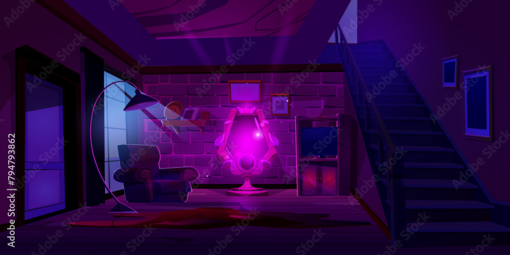 Vecteur Stock Home hall interior at night with magic glowing pink ...