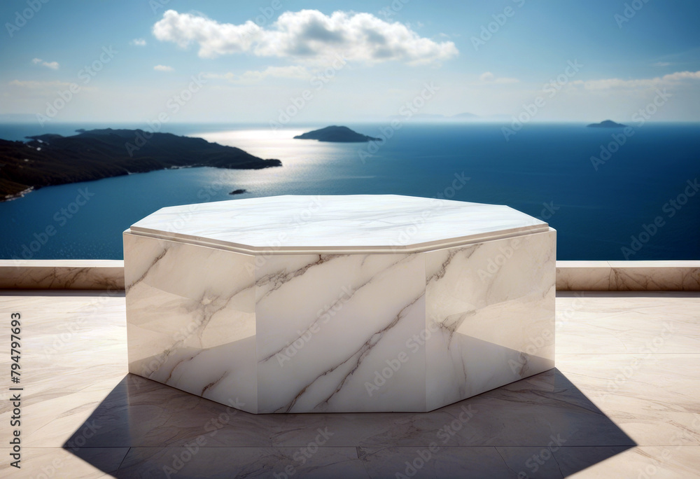 'created marble podium white background sky ocean technology poduim ...