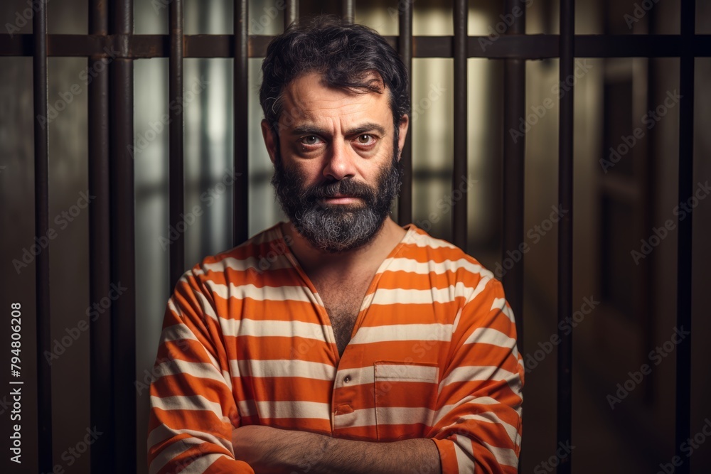 Portrait of a male inmate in retro striped prison attire, aged 40 ...