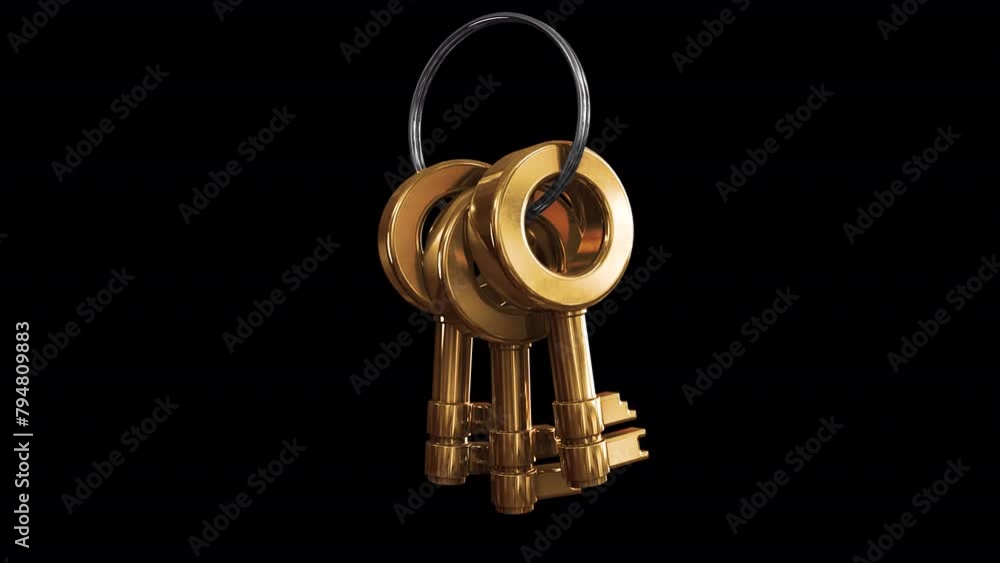 Little Golden Keys. 3D animation of a bunch of three keys swinging on a ...