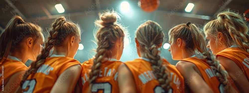 Women's basketball team huddle before game, intense focus, gym ...