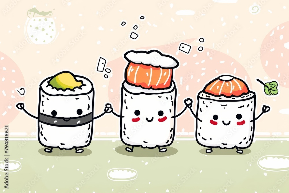 Cartoon cute doodles of sushi rolls starring in their own cooking show ...