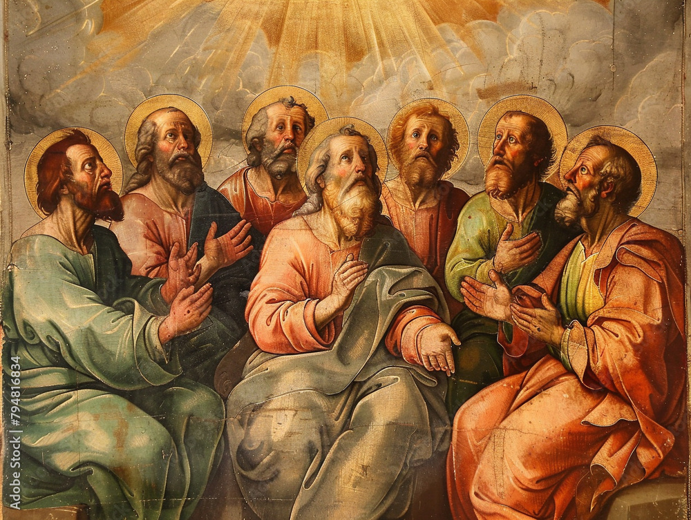 A religious painting showing the Pentecost scene with apostles gathered ...
