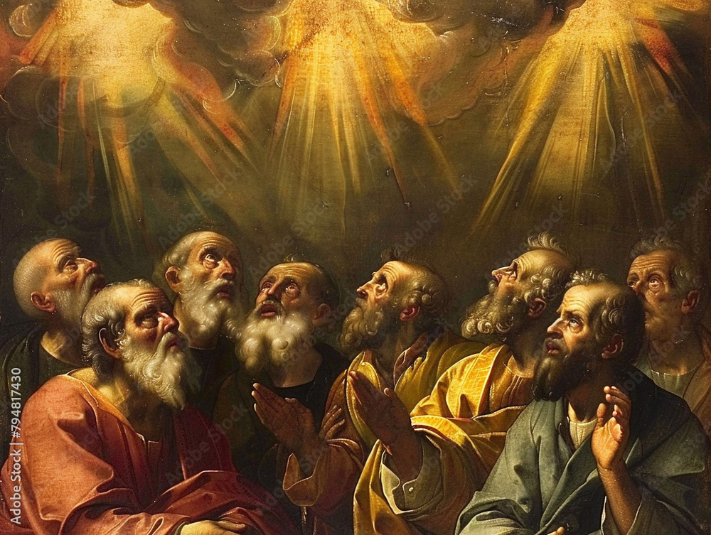 Religious painting showing disciples receiving the Holy Spirit on ...