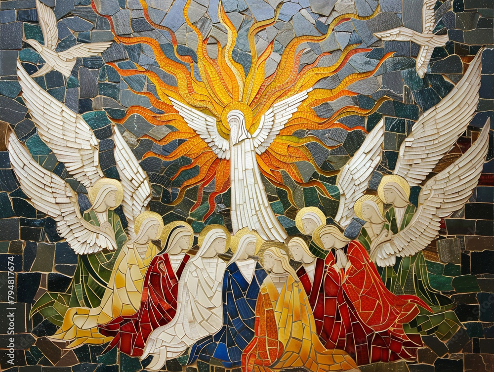 Painting showing Pentecost scene with Holy Spirit descending on ...