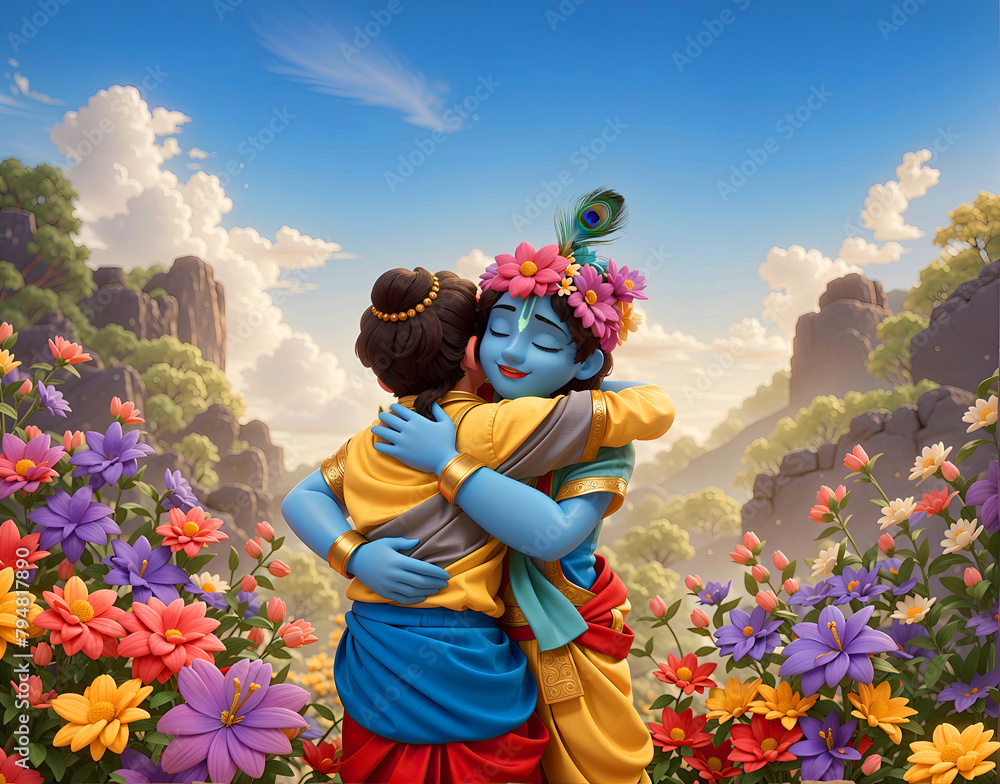 Lord Krishna embracing his lost friend in Vrindavan forest, sunny day ...