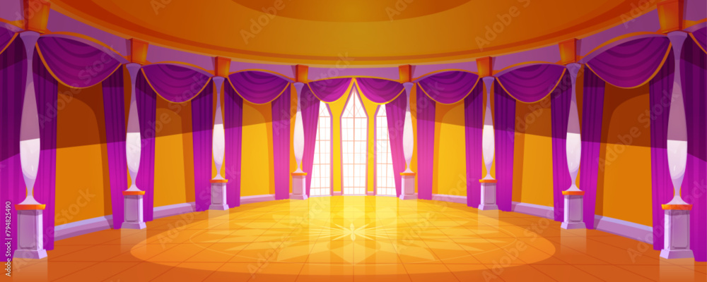 Castle ballroom interior. Purple palace hall cartoon background. Royal ...