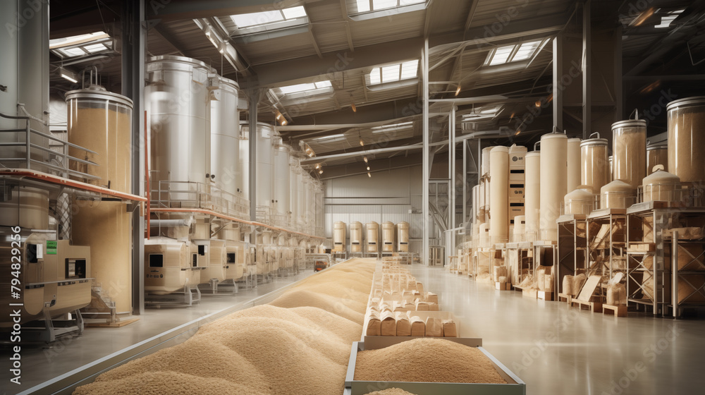 Modern pet food factory with various stages of production highlighted ...