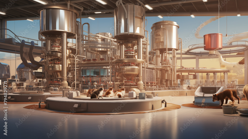 Modern pet food factory with various stages of production highlighted ...