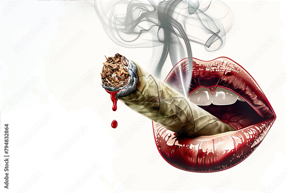Lit cigar in woman's lips with ash and smoke coming out of the tip of ...