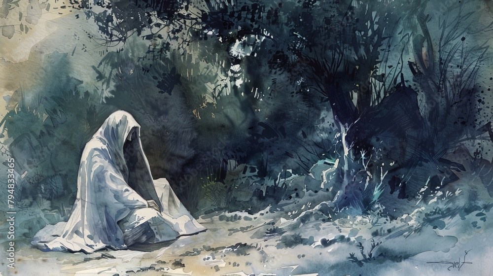 A poignant scene of Jesus praying in the Garden of Gethsemane, with ...