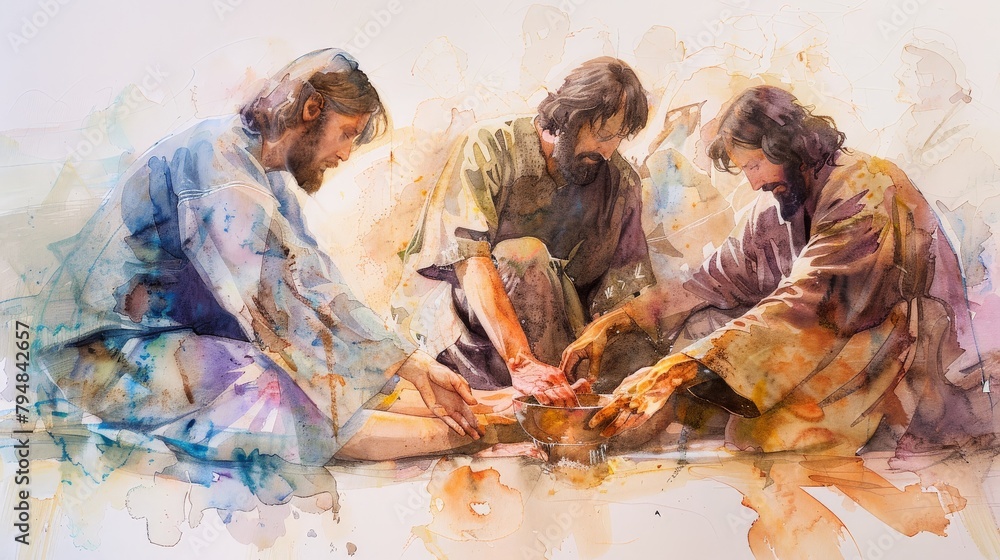 Jesus washing the feet of His disciples, depicted with humble, muted ...
