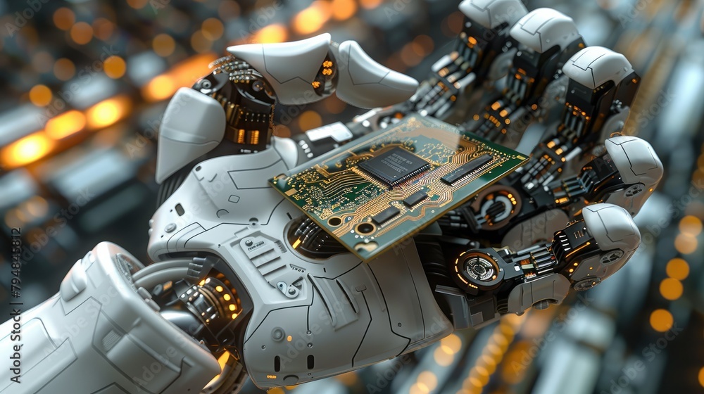 High tech authentic robot arm holding a contemporary supercomputer ...