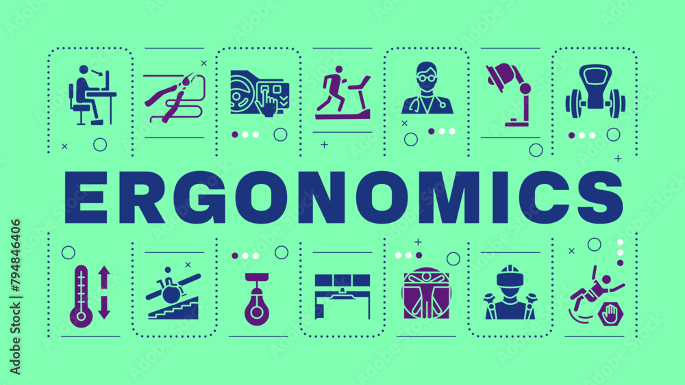 Ergonomics blue word concept. Product safety, comfort. Employee ...