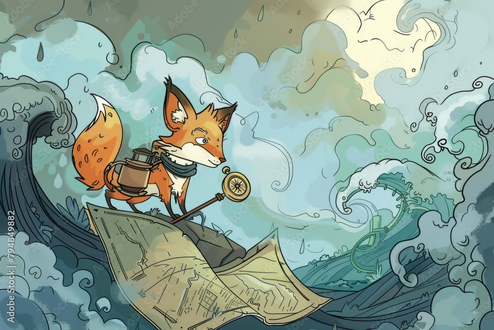 Cartoon cute doodles of a determined sailor fox navigating through ...