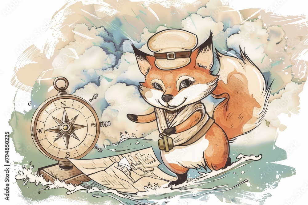 Cartoon cute doodles of a determined sailor fox navigating through ...