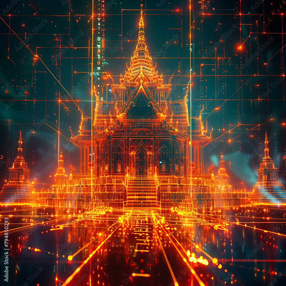 Thai temple 3D hologram wireframe pixels, orange neon light, volumetric epic quantum computing ...