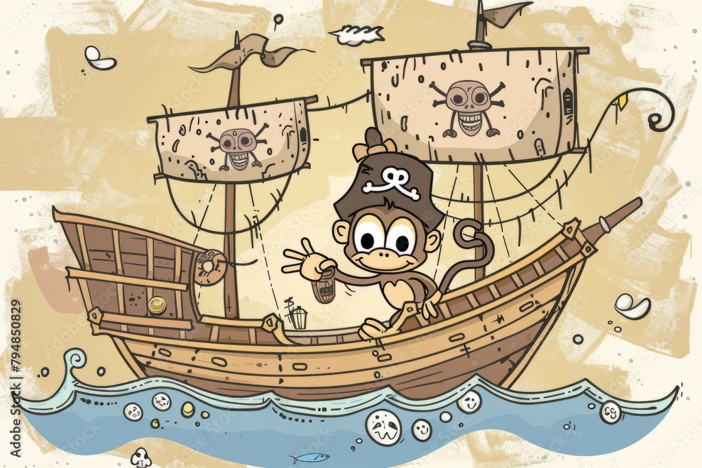 Cartoon cute doodles of a mischievous sailor monkey causing chaos ...