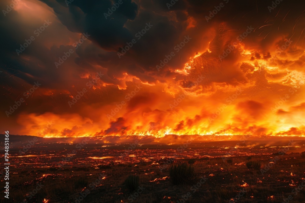 A Vast Wildfire Raging Across The Horizon Illuminating The Night Sky