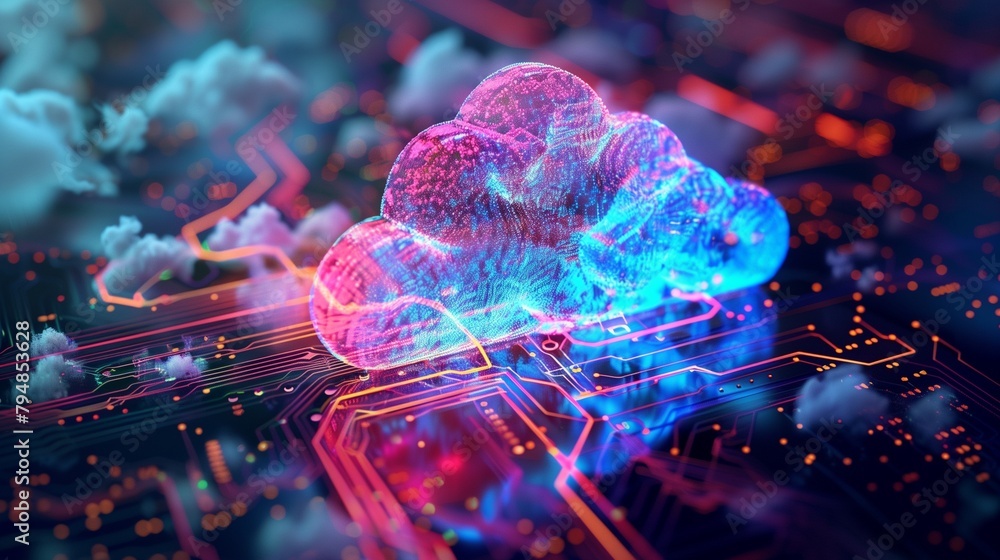An artistic representation of a cloud computing concept, featuring a ...