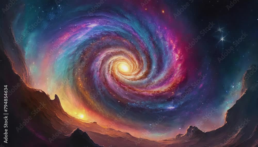 Looping animation galaxy spiral rotating in the sky full color abstract ...