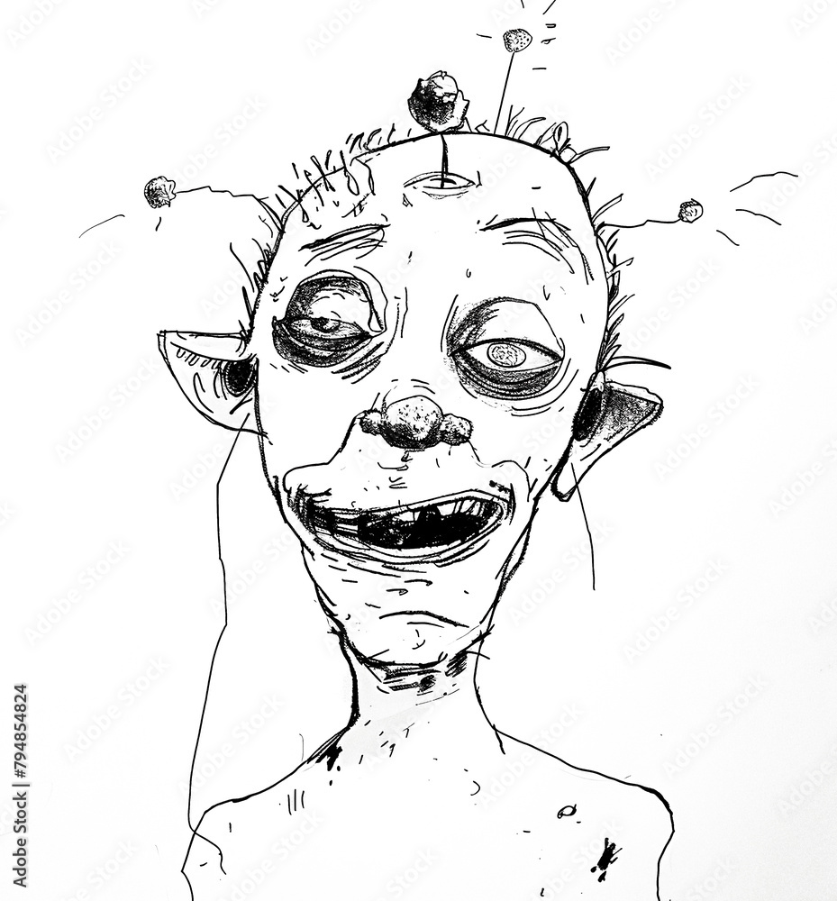 A simple bad messy line drawing of the head and shoulders of an ugly ...