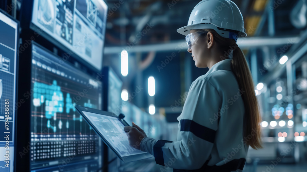 Female engineer monitoring smart factory systems in a control room ...