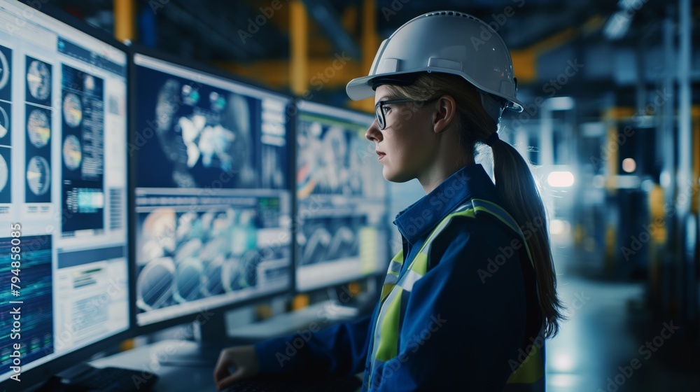 Female engineer monitoring smart factory systems in a control room ...