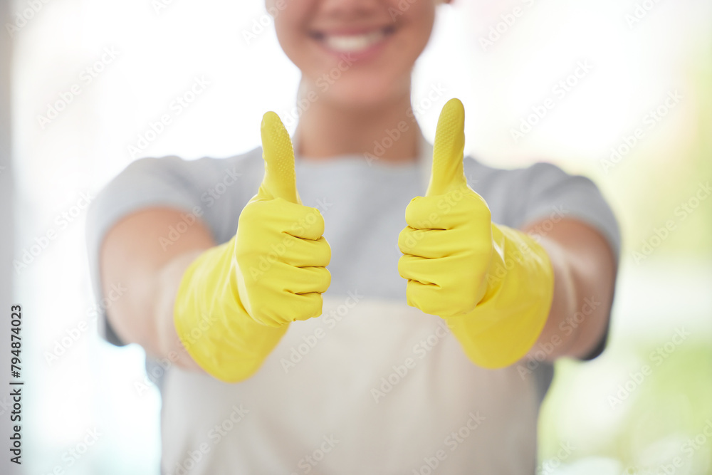 Happy cleaner, hands and thumbs up with gloves for housekeeping, thank ...