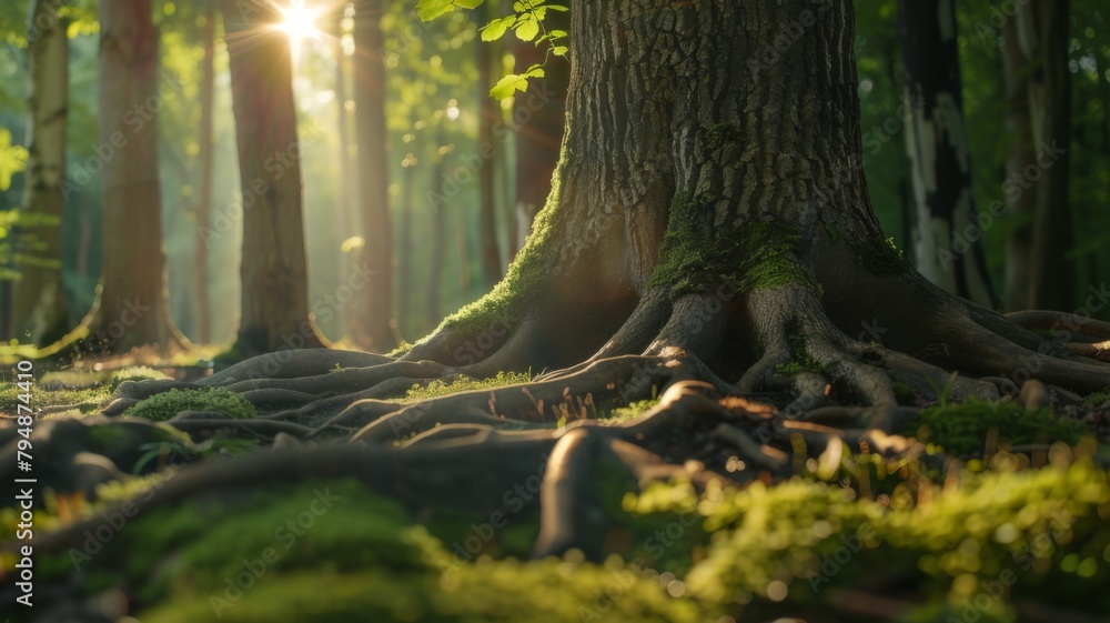Majestic tree base glowing with sunrise light - Close-up of a tree's ...