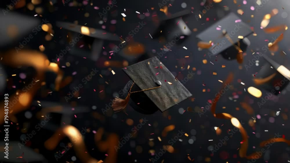 A graduation cap is flying through the air with confetti falling around ...