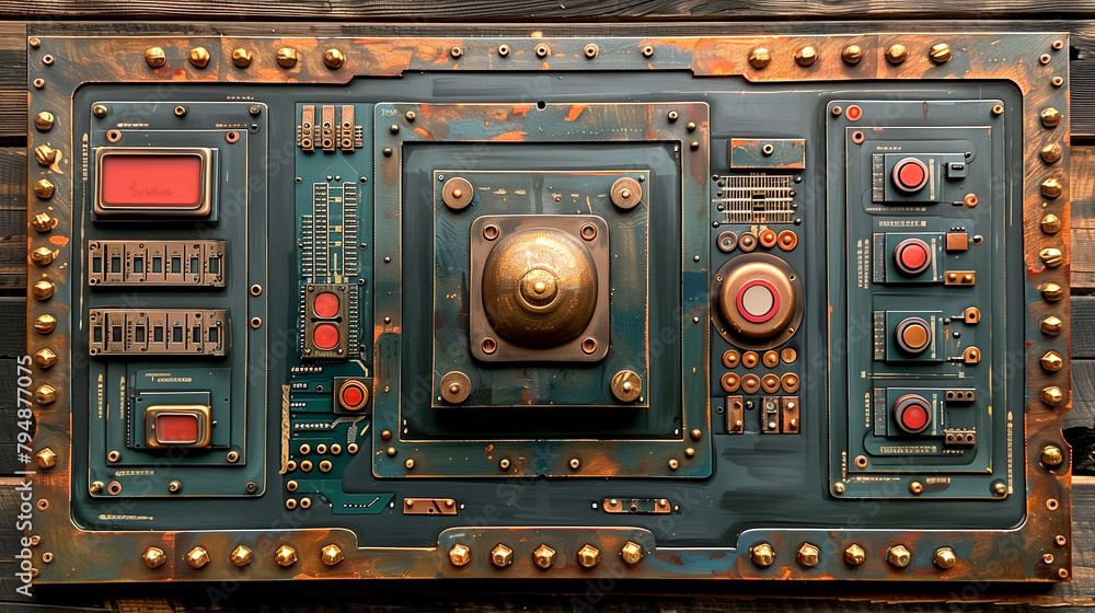 A vintage looking electronic device with a gold button in the middle ...