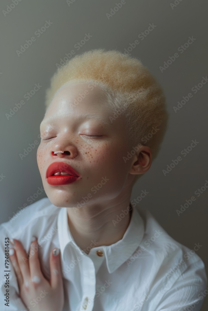 Artistic portrait of a young person with albinism, their red lips ...