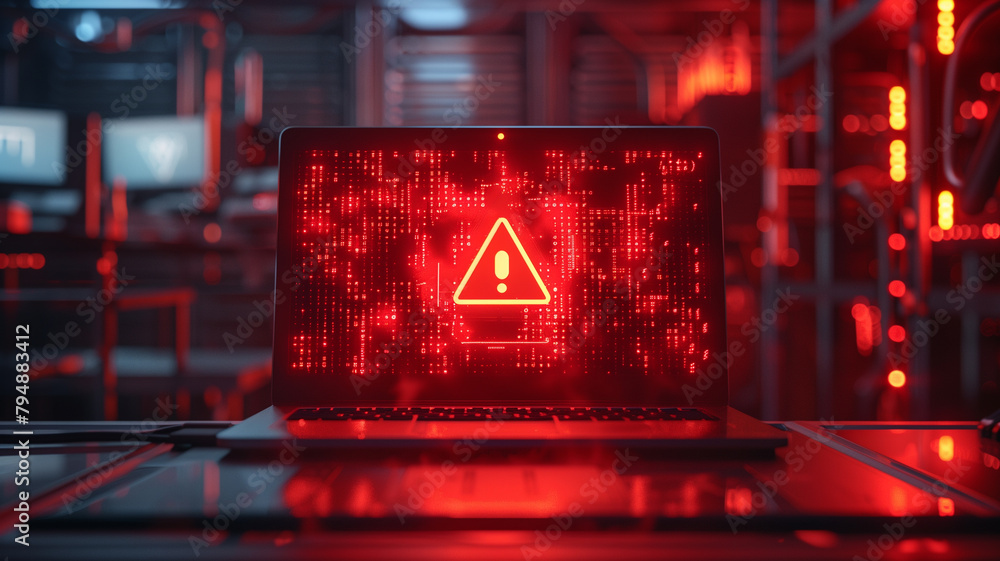 An intense visualization of a cybersecurity threat with a warning icon ...