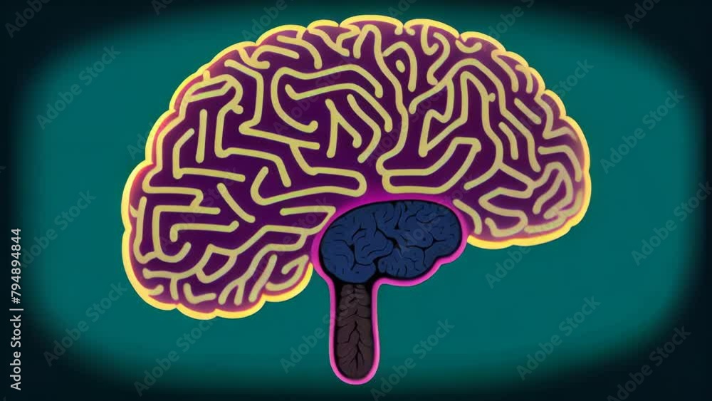 Cartoon animation, illustration of human brain, highlighted neural ...