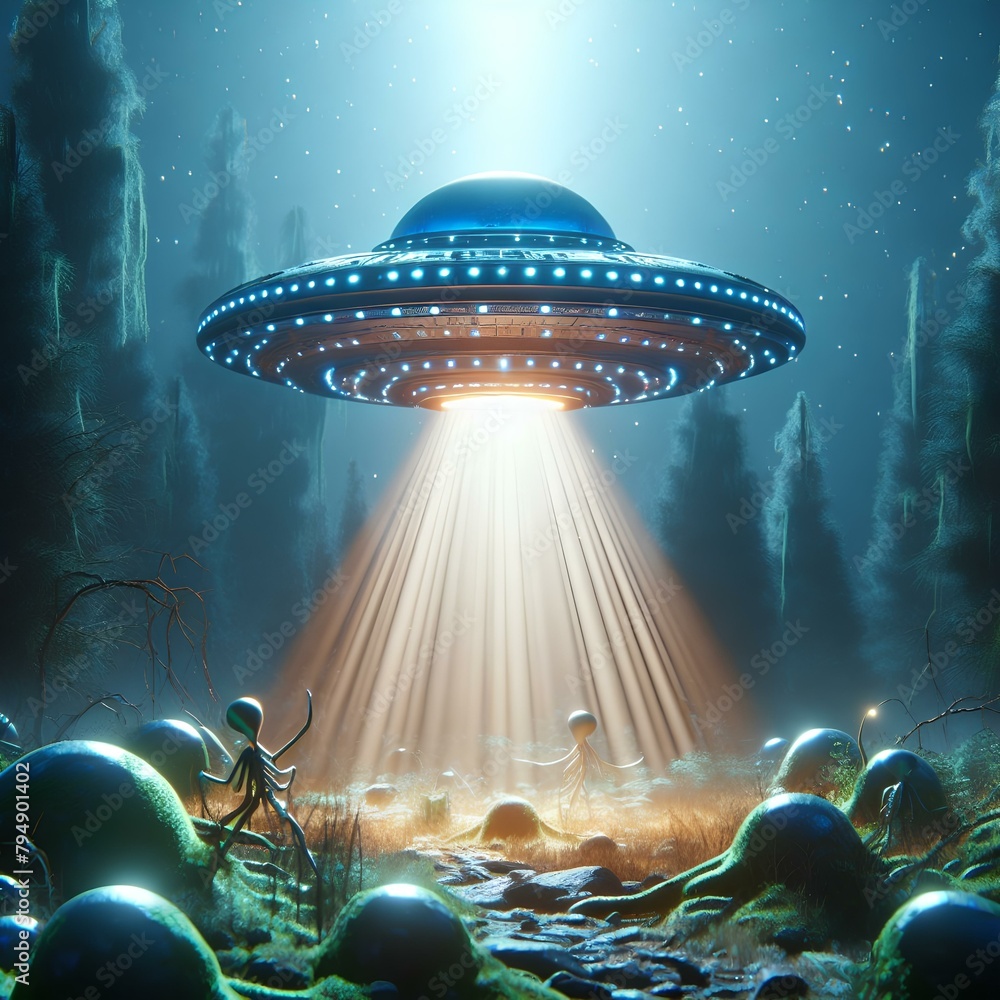 aliens ufo space ship landing in the wilds with glowing details and ...