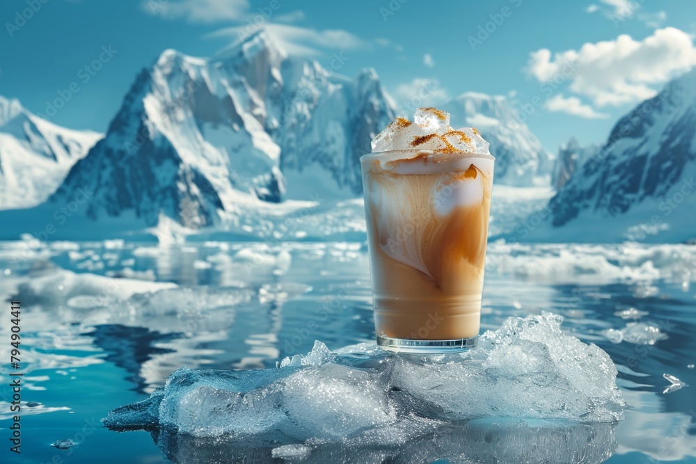 Iced latte on floating iceberg, snowy mountain backdrop, wide text area ...