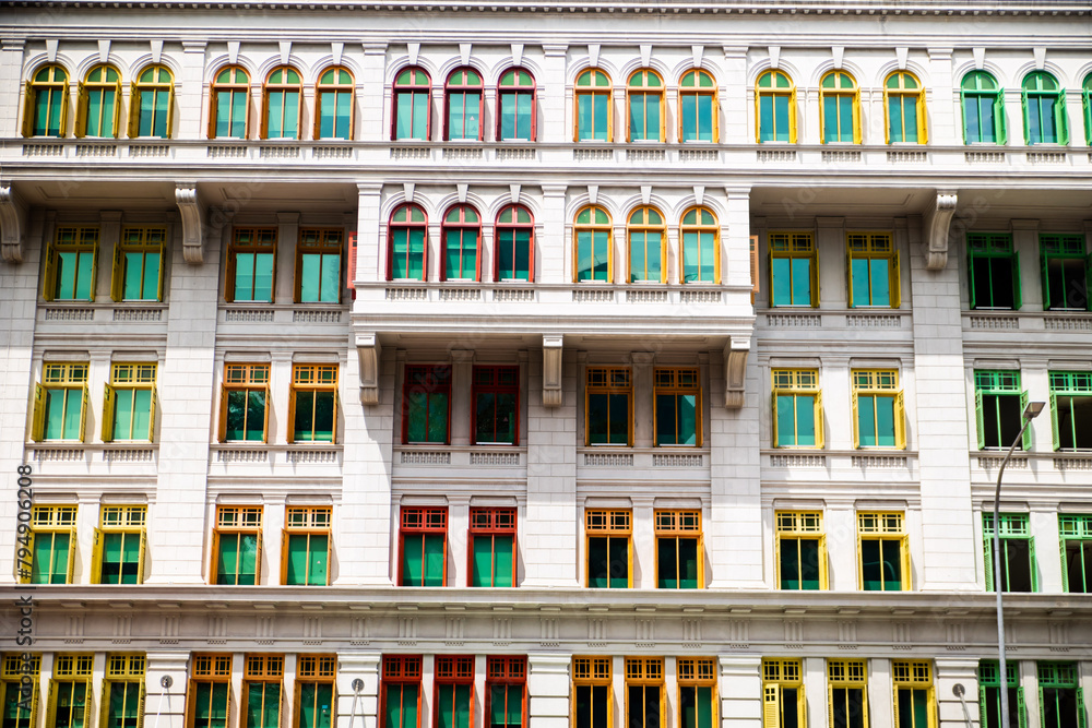 colorful rainbow windows on old police station in downtown Singapore ...