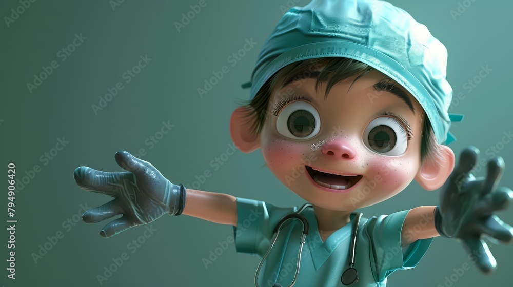 A cute 3D cartoon of a young child dressed as a surgeon, complete with ...