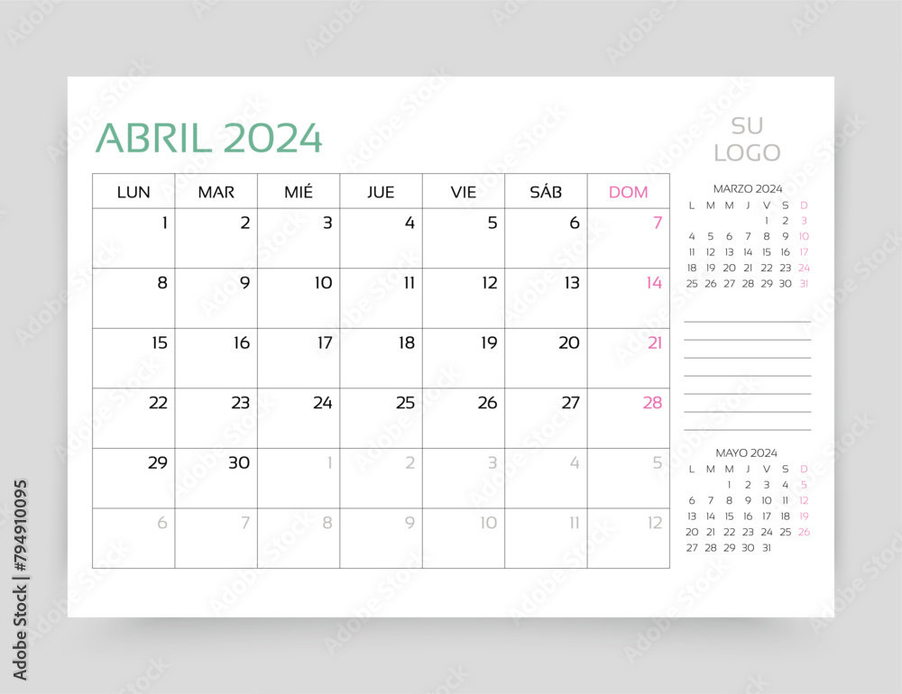 April 2024 year calendar in Spanish. Planner calender template. Week ...