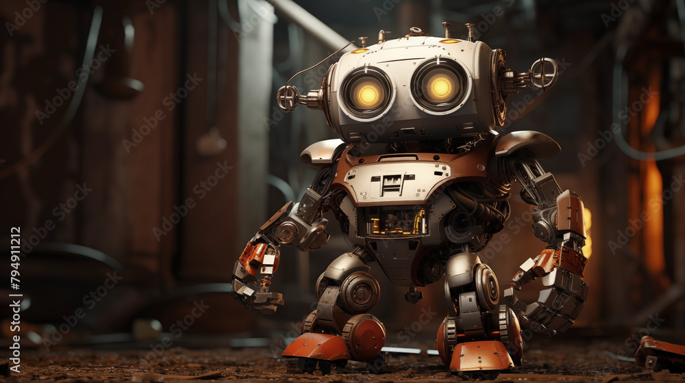 Tiny white robot Standing on the floor, Antique Robot Cyborg Soldier in ...