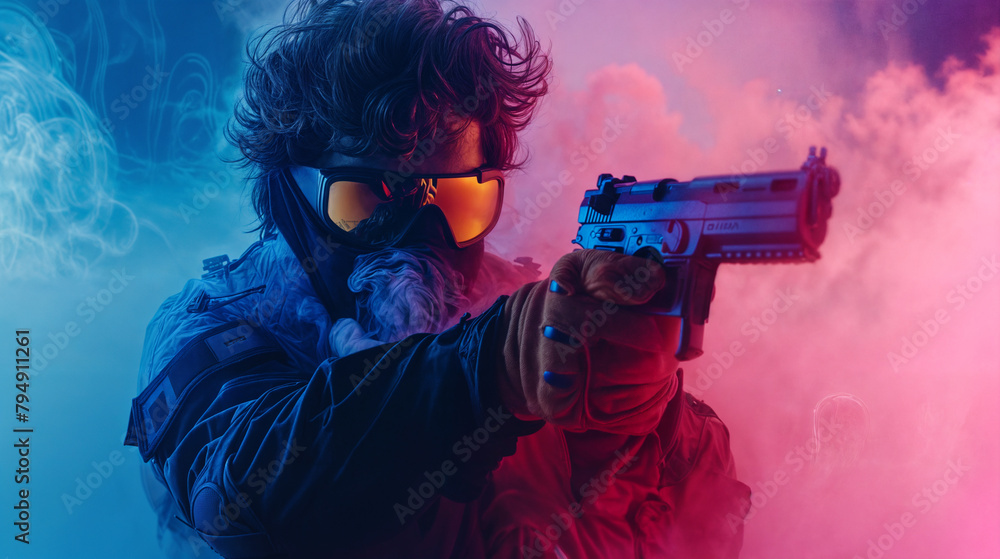 Gunman in 80s style fashion and colors points a pistol Stock ...