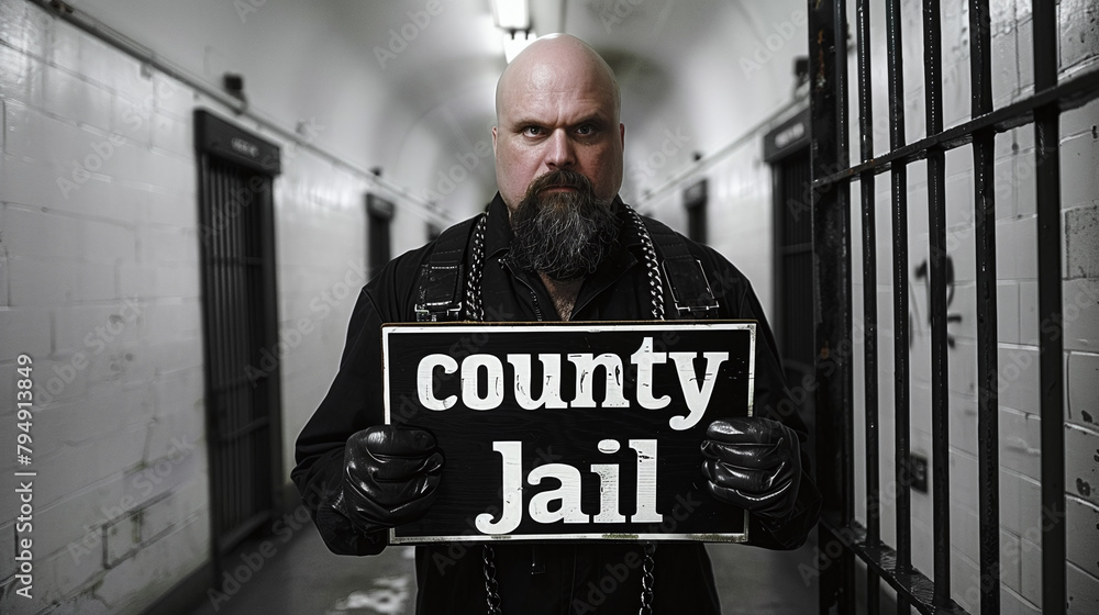 scary creepy man holding a "county jail" sign, in jail, serious ...